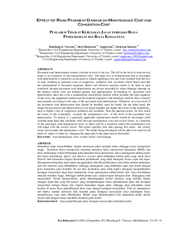 (PDF) Effect of Road Pavement Damage on Maintenance Cost and Congestion ...