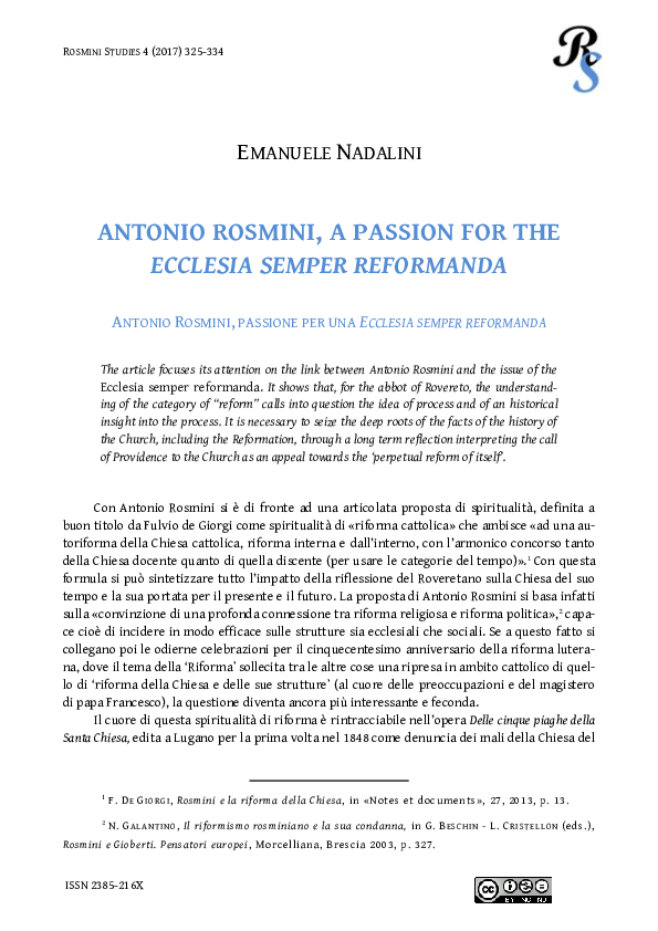 (PDF) Antonio Rosmini, a Passion for the Ecclesia semper reformanda