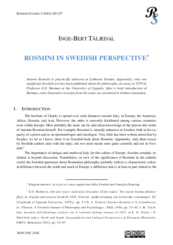 (PDF) Rosmini in Swedish perspective | Centro Studi Rosmini - Academia.edu