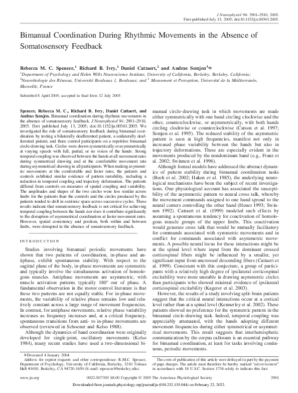 (PDF) Bimanual Coordination During Rhythmic Movements in the Absence of ...