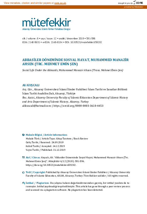 (PDF) Abbasiler Döneminde Sosyal Hayat, Muhammed Manazir Ahsen (Trc. Mehmet Emin Şen)