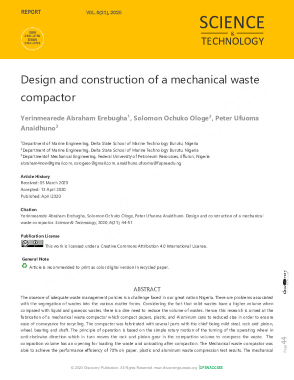 (PDF) Design and construction of a mechanical waste compactor