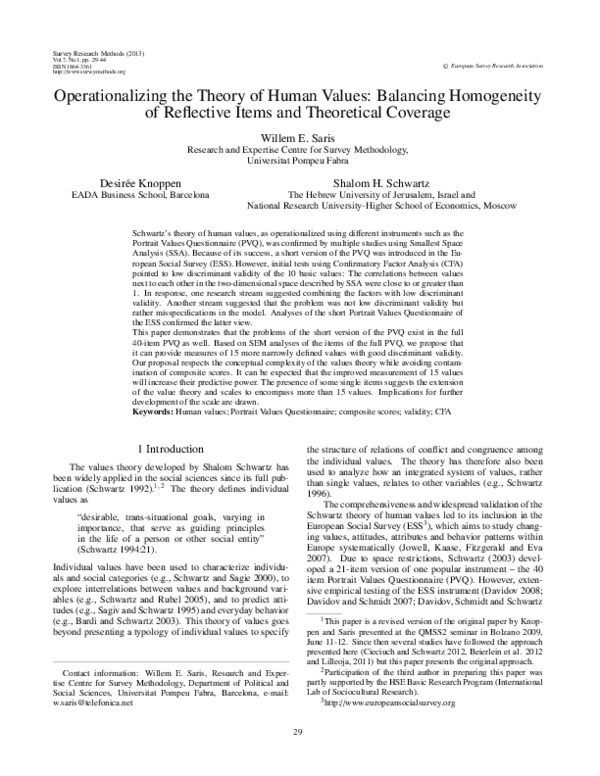 (PDF) Operationalizing the Theory of Human Values: Balancing Homogeneity of Reflective Items and ...