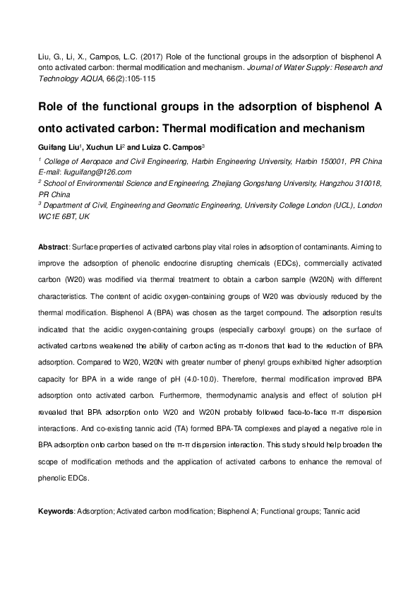 (PDF) Role of the functional groups in the adsorption of bisphenol A onto activated carbon ...