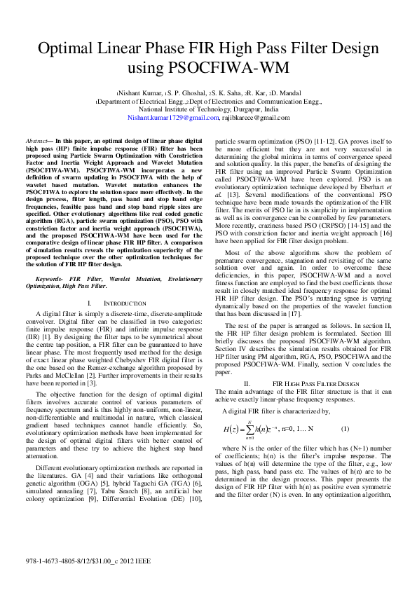 (PDF) Optimal linear phase fir high pass filter design using PSOCFIWA-WM