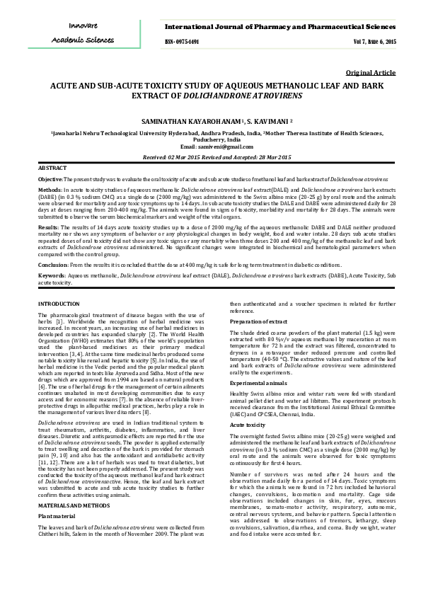 (PDF) ACUTE AND SUB-ACUTE TOXICITY STUDY OF AQUEOUS METHANOLIC LEAF AND ...