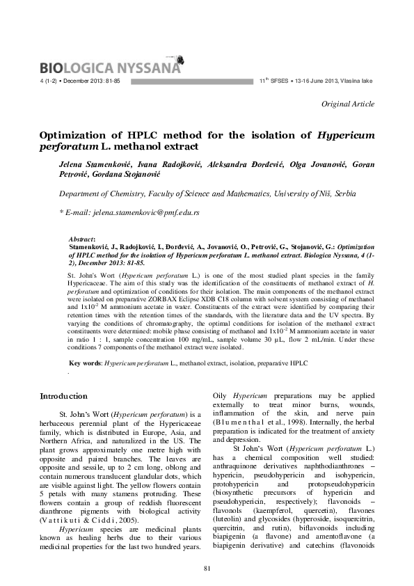 Pdf Optimization Of Hplc Method For The Isolation Of Hypericum Perforatum L Methanol Extract