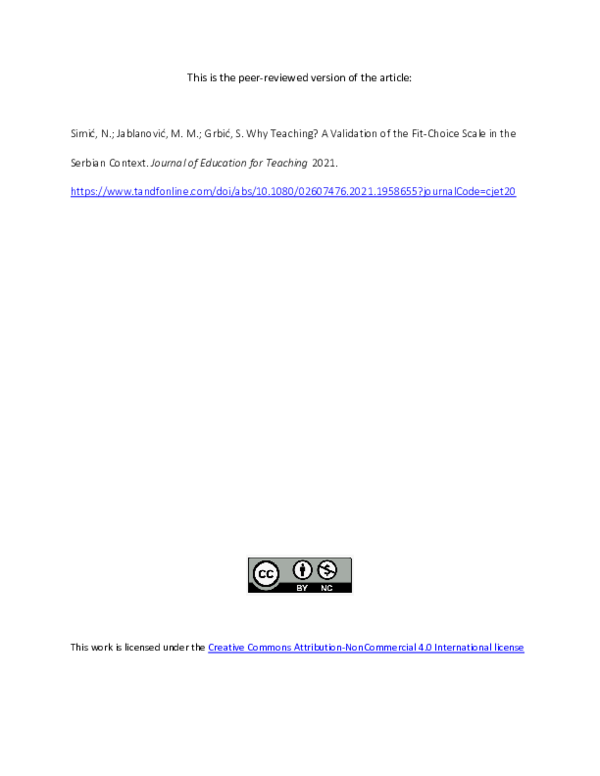 (PDF) Why teaching? A validation of the fit-choice scale in the Serbian ...