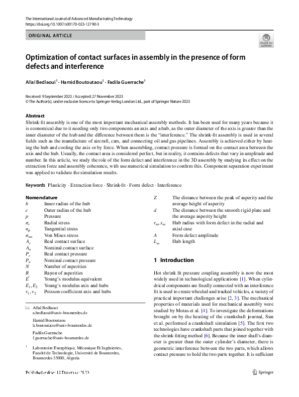 (PDF) Optimization of contact surfaces in assembly in the presence of form defects and interference
