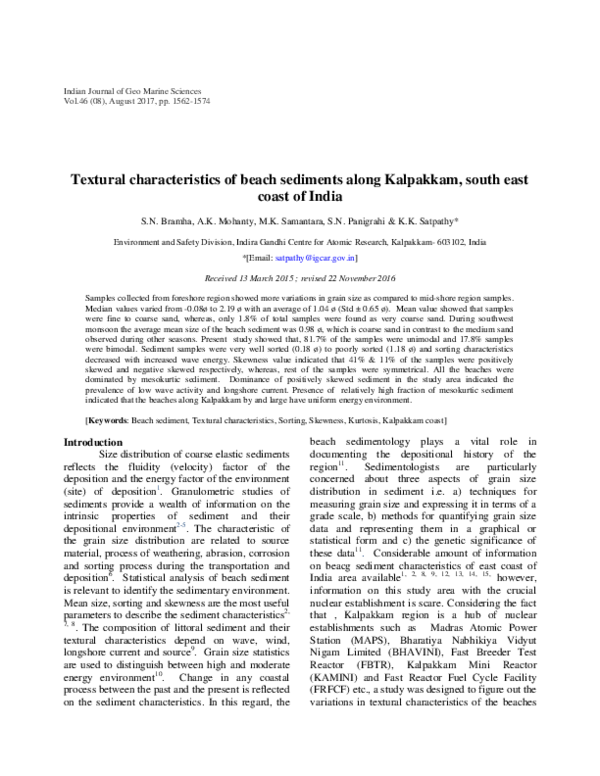 (PDF) Textural characteristics of beach sediments along Kalpakkam ...