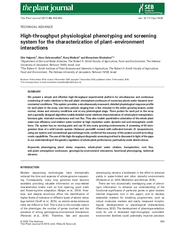 Pdf High‐throughput Physiological Phenotyping And Screening System