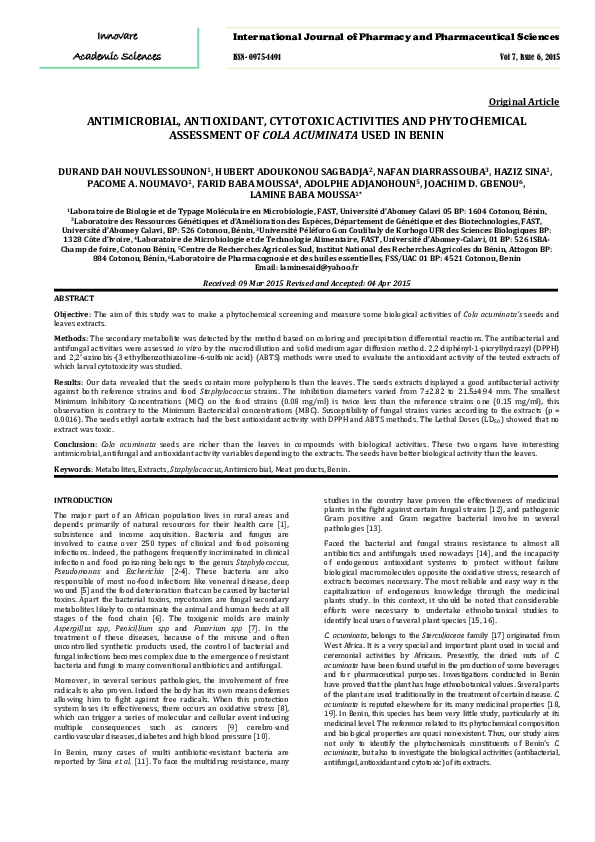 (PDF) ANTIMICROBIAL, ANTIOXIDANT, CYTOTOXIC ACTIVITIES AND PHYTOCHEMICAL ASSESSMENT OF COLA ...