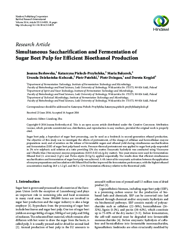 (PDF) Simultaneous Saccharification and Fermentation of Sugar Beet Pulp ...
