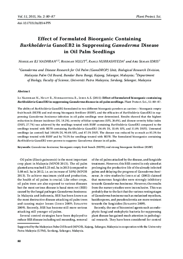 (PDF) Effect of formulated bioorganic containing Burkholderia GanoEB2 in suppressing Ganoderma ...