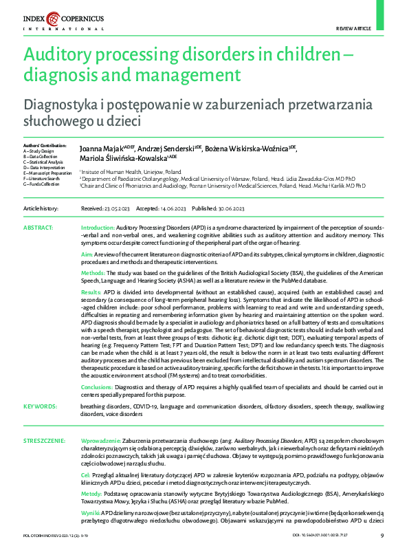 (PDF) Auditory processing disorders in children – diagnosisand management