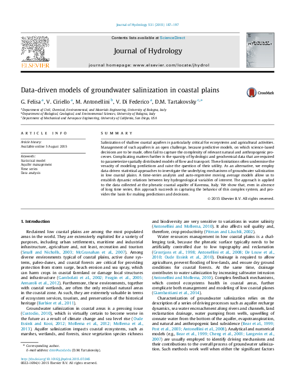 Pdf Data Driven Models Of Groundwater Salinization In Coastal Plains