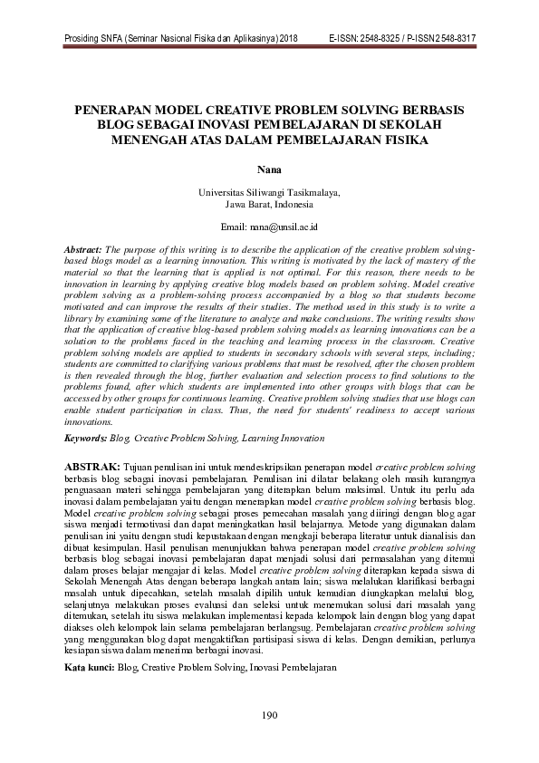 (PDF) Penerapan Model Creative Problem Solving Berbasis Blog Sebagai Inovasi Pembelajaran DI ...