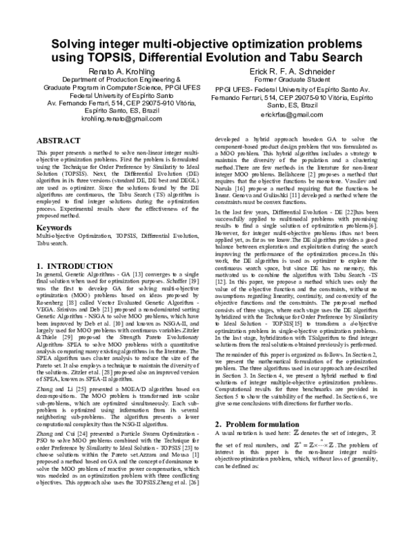 (PDF) Integer Multi-Objective Optimization with TOPSIS and DE-TS