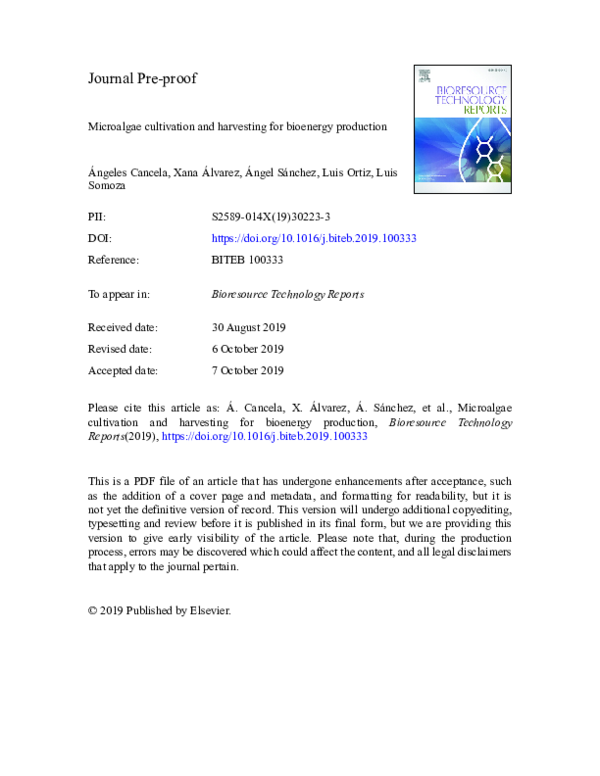 (PDF) Microalgae cultivation and harvesting for bioenergy production