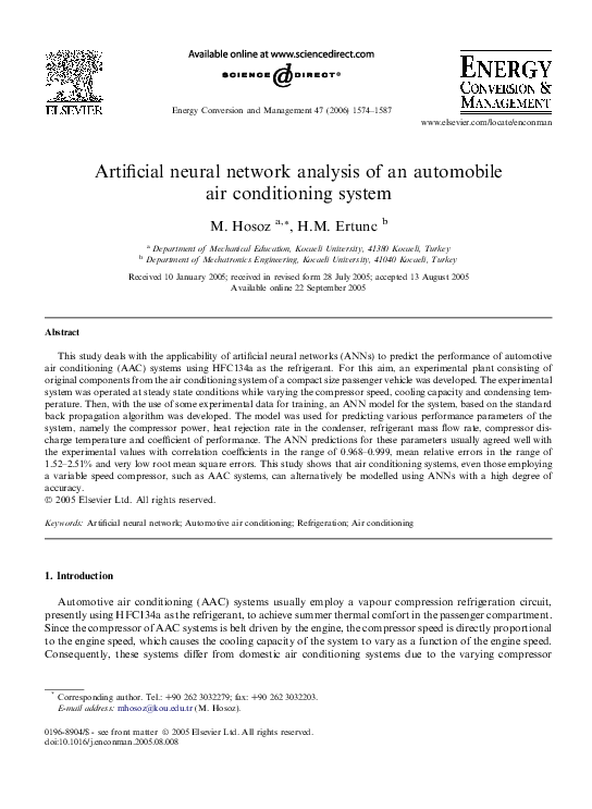 (PDF) Artificial neural network analysis of an automobile air conditioning system