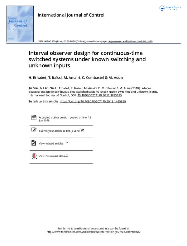 (PDF) Interval observer design for continuous-time switched systems under known switching and ...