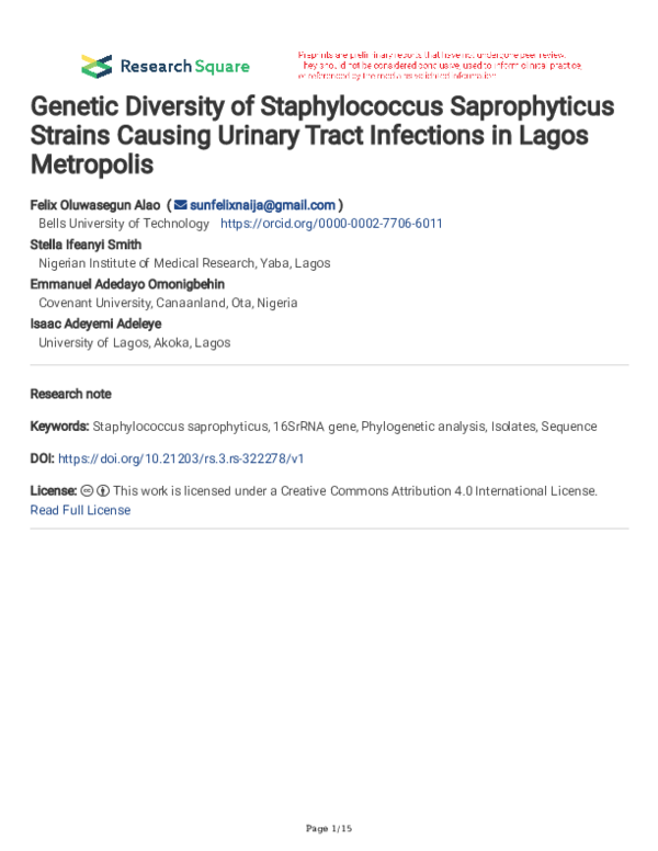 (PDF) Genetic Diversity of Staphylococcus Saprophyticus Strains Causing ...