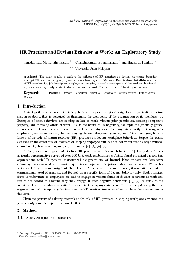(PDF) HR Practices and Deviant Behavior at Work: An Exploratory Study