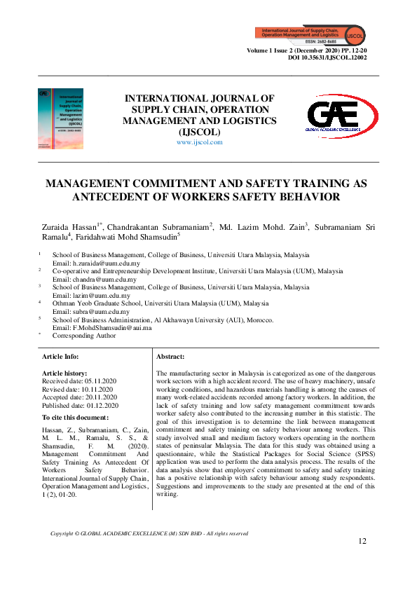 (PDF) Management Commitment and Safety Training as Antecedent of Workers Safety Behavior