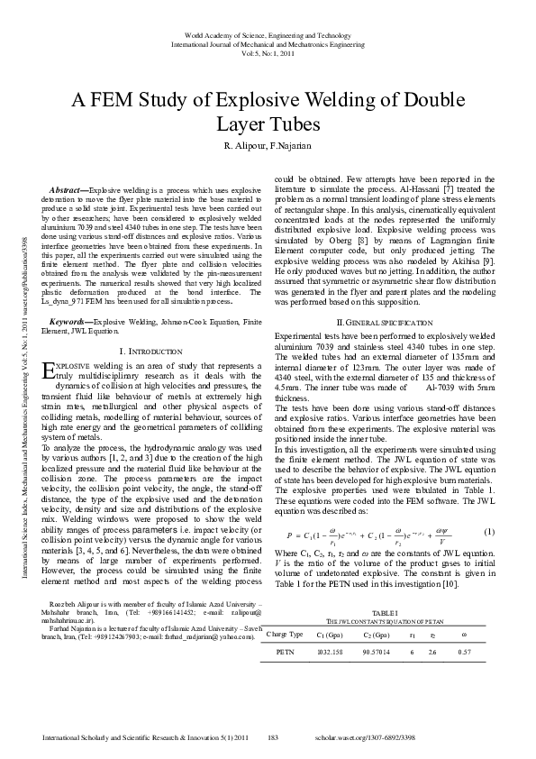 (PDF) A Fem Study Of Explosive Welding Of Double Layer Tubes