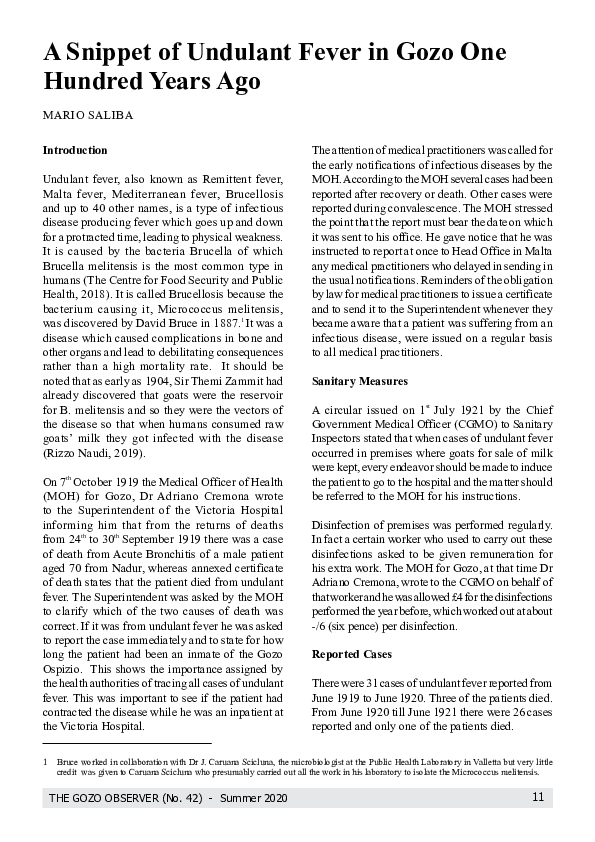 (PDF) A snippet of undulant fever in Gozo one hundred years ago