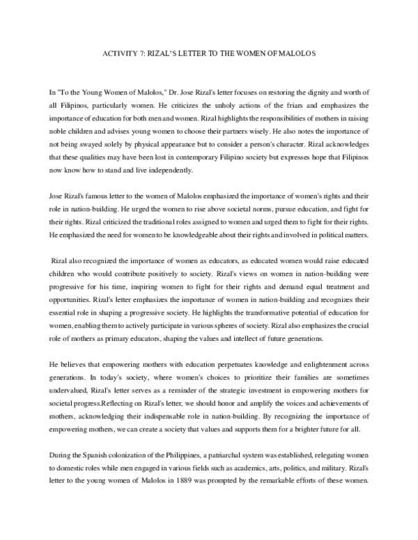 (PDF) Act.7- Rizal's Letter to the Women of Malolos