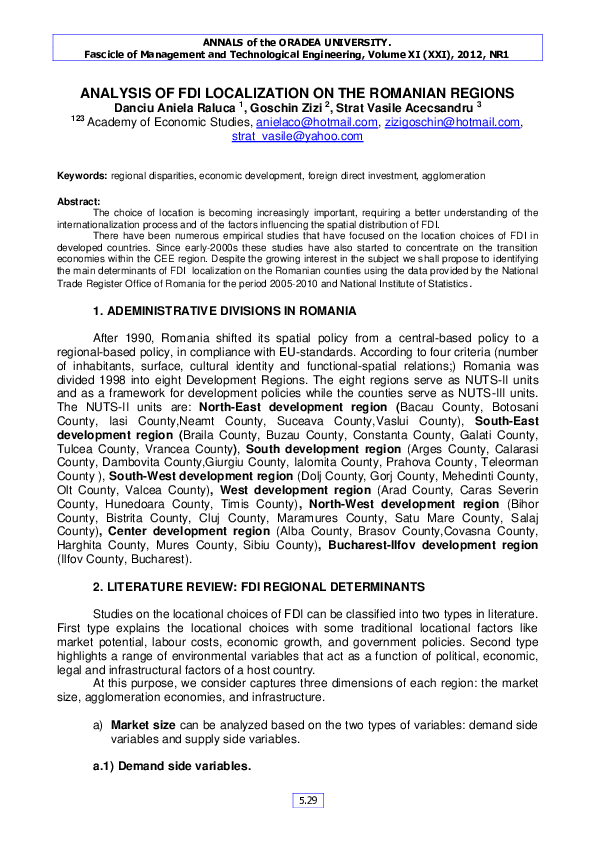 (PDF) Analysis of Fdi Localization on the Romanian Regions | Zizi Goschin - Academia.edu