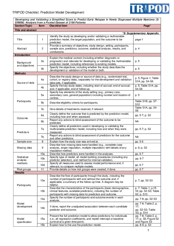 (PDF) TRIPOD Checklist from Development and Validation of a Simplified ...