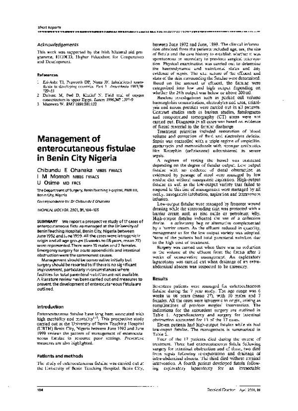 (PDF) Management of Enterocutaneous Fistulae in Benin City Nigeria ...