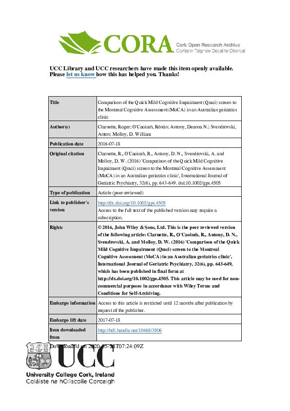 (PDF) Comparison of the Quick Mild Cognitive Impairment (Qmci) screen ...