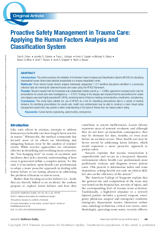 (PDF) Proactive Safety Management in Trauma Care: Applying the Human ...