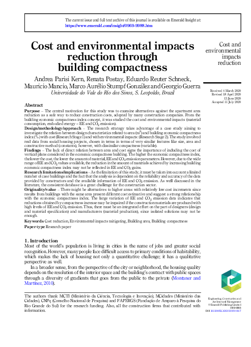 (PDF) Cost and environmental impacts reduction through building compactness