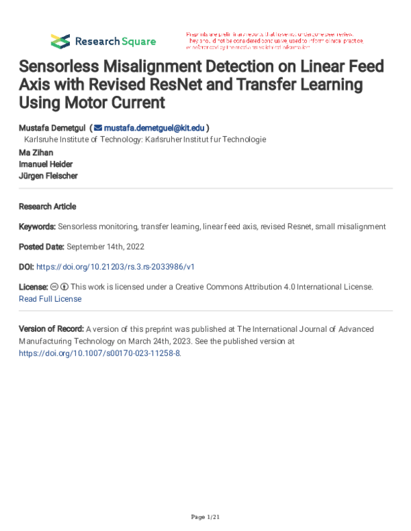 Pdf Sensorless Misalignment Detection On Linear Feed Axis With Revised Resnet And Transfer