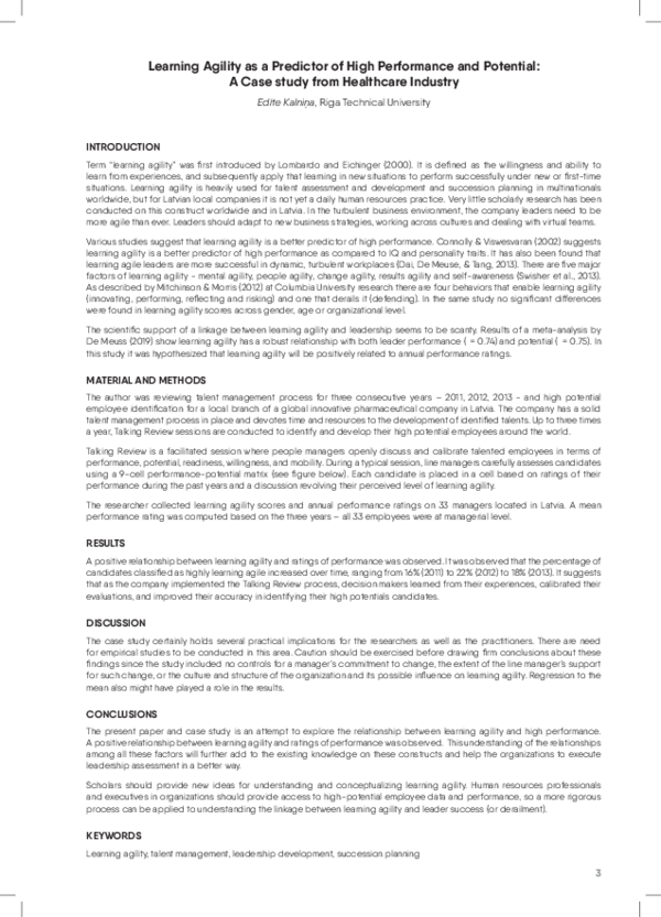 (PDF) Learning Agility as a Predictor of High Performance and Potential: A Case Study from ...