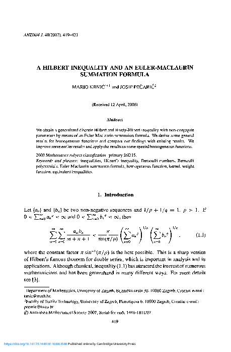 (PDF) A Hilbert inequality and an Euler-Maclaurin summation formula ...