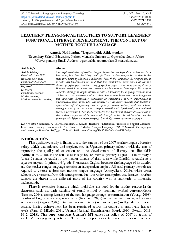 (PDF) Teachers’ Pedagogical Practices to Support Learners’ Functional Literacy Development: The ...