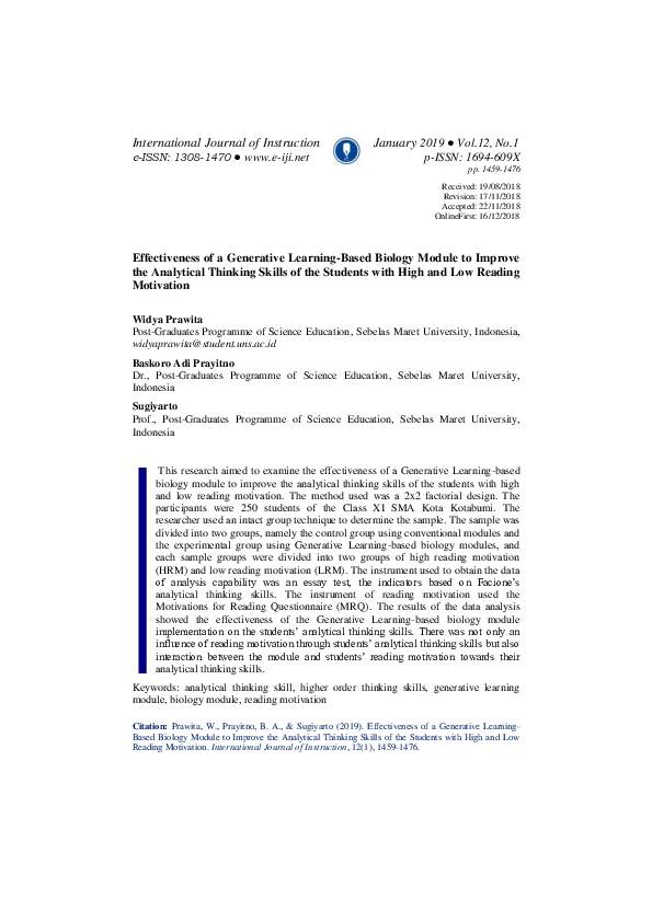 (PDF) Effectiveness of a Generative Learning-Based Biology Module to ...