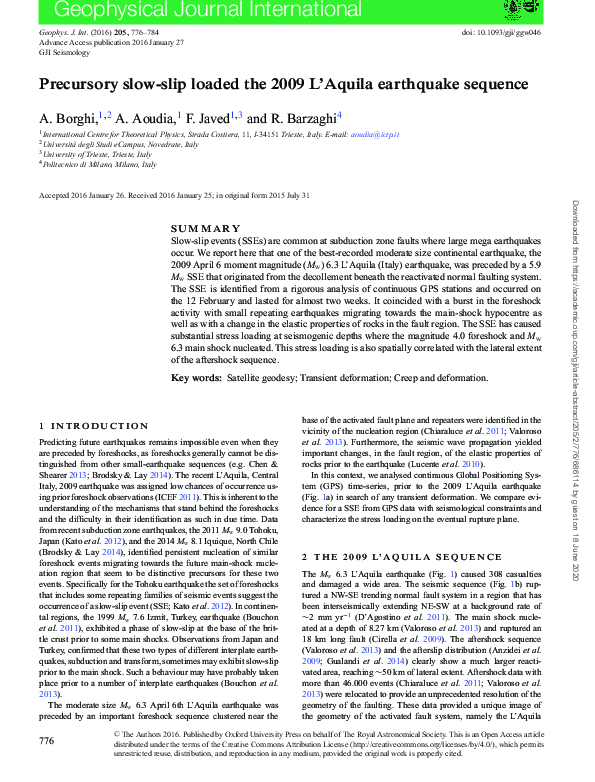 (PDF) Precursory slow-slip loaded the 2009 L'Aquila earthquake sequence