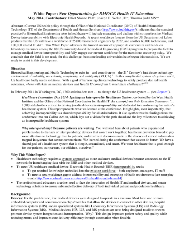 (PDF) White paper: New opportunities for BME/CE health IT education