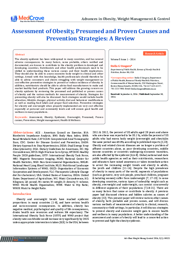(PDF) Assessment of Obesity, Presumed and Proven Causes and Prevention Strategies: A Review