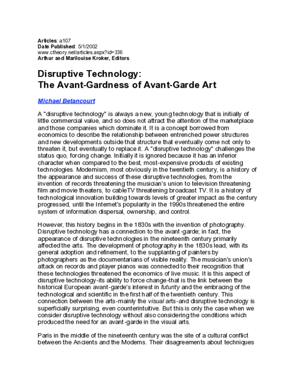 (PDF) Disruptive Technology: The Avant-Gardness of Avant-Garde Art