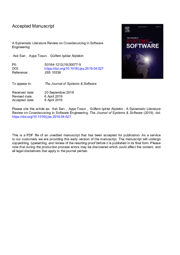 Pdf A Systematic Literature Review On Crowdsourcing In Software Engineering