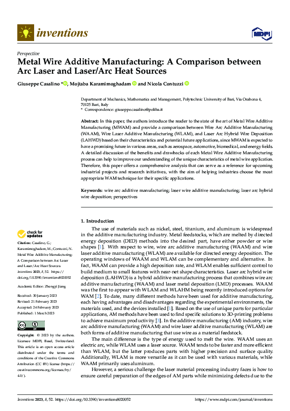 (PDF) Metal Wire Additive Manufacturing: A Comparison between Arc Laser ...