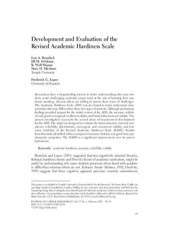(PDF) Development and Evaluation of the Revised Academic Hardiness Scale