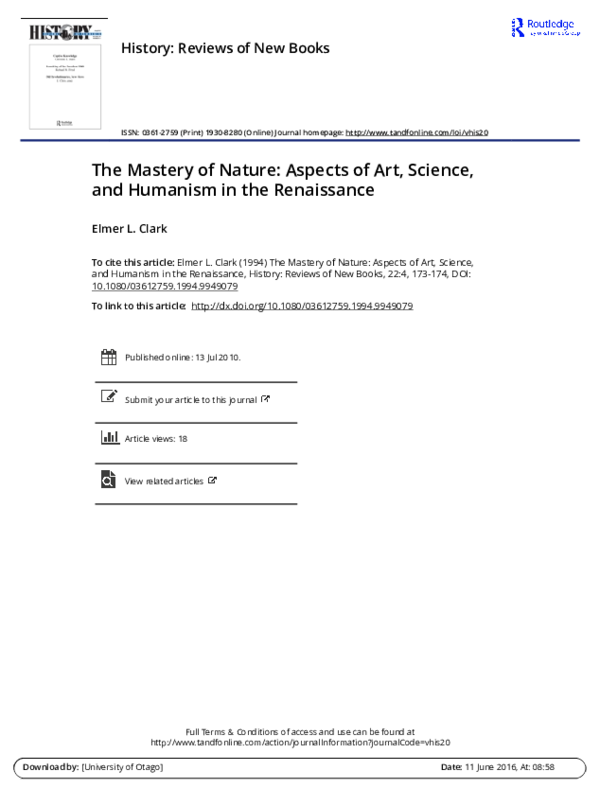 (PDF) The Mastery of Nature: Aspects of Art, Science, and Humanism in the Renaissance